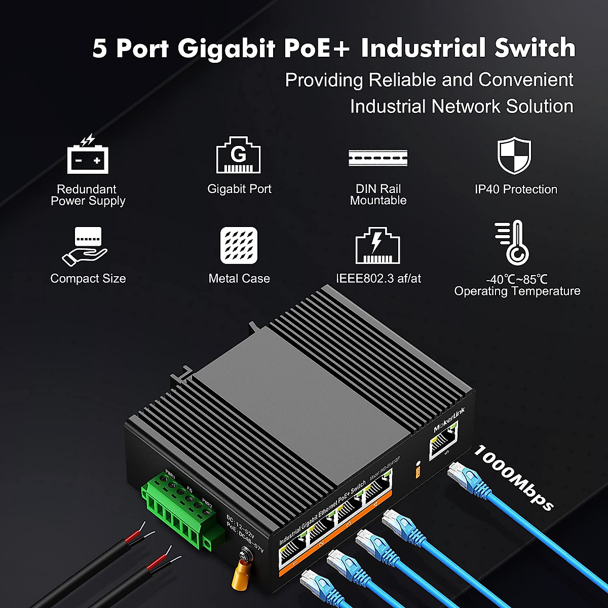 MokerLink 5 Port PoE Gigabit Industrial DIN-Rail Ethernet Switch, 14Gbps Switching Capacity, IP40 Rated Network Switch (-40 to 185°F), with UL Power Supply