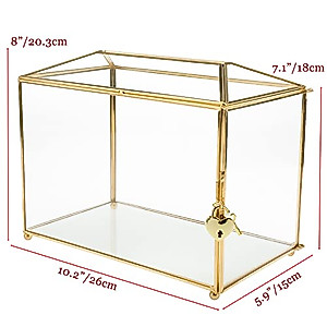HighFree 10.2" Glass Wedding Card Box with Slot & Lock, Handmade Copper Gold Geometric Terrarium, Clear Display Box for Wedding Reception, Wishwell, Keepsake