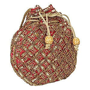 Suman Enterprises Indian Sequence Potli Bag For Women, Wedding Purse/Jewelry Purse for Women (Base Color- Maroon)