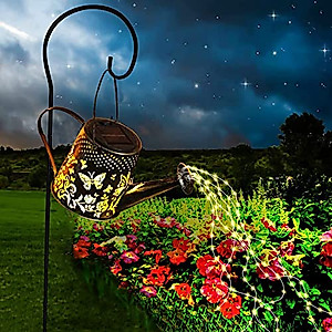 Solar Watering Can with Fairy Lights Garden Decor Watering Can Lights for Patio Path Tree Lawn Patio Path, Solar Fairy Garden LED, Outdoor String Lights, Star Shower Garden Lights (with Shepherd Hook)
