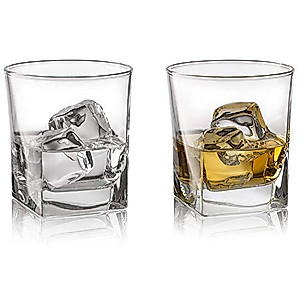 Double Old Fashioned Whiskey Glass (Set of 4) with Granite Chilling Stones - 10 oz Heavy Base Rocks Barware Glasses for Scotch, Bourbon and Cocktail Drinks