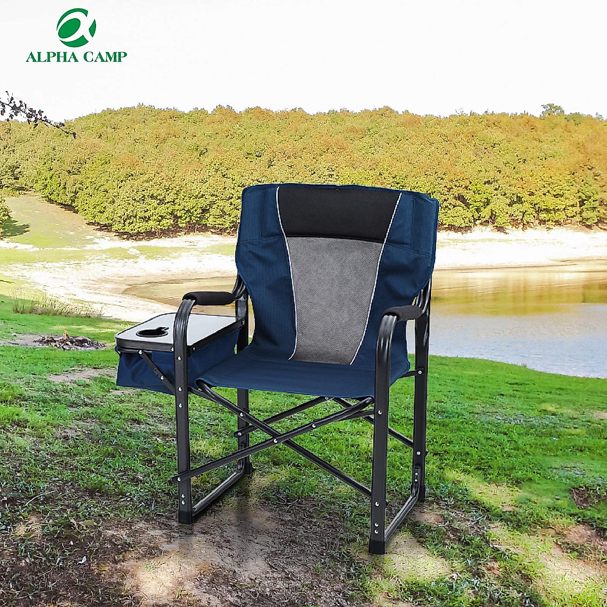 ALPHA CAMP Director Chair with Side Table Heavy Duty Portable Chair with Cup Holder Cooler Bag Steel Outdoor Folding Chair for Adults Oversized Lawn Chair for Camping, Picnic，Capacity-350 lbs