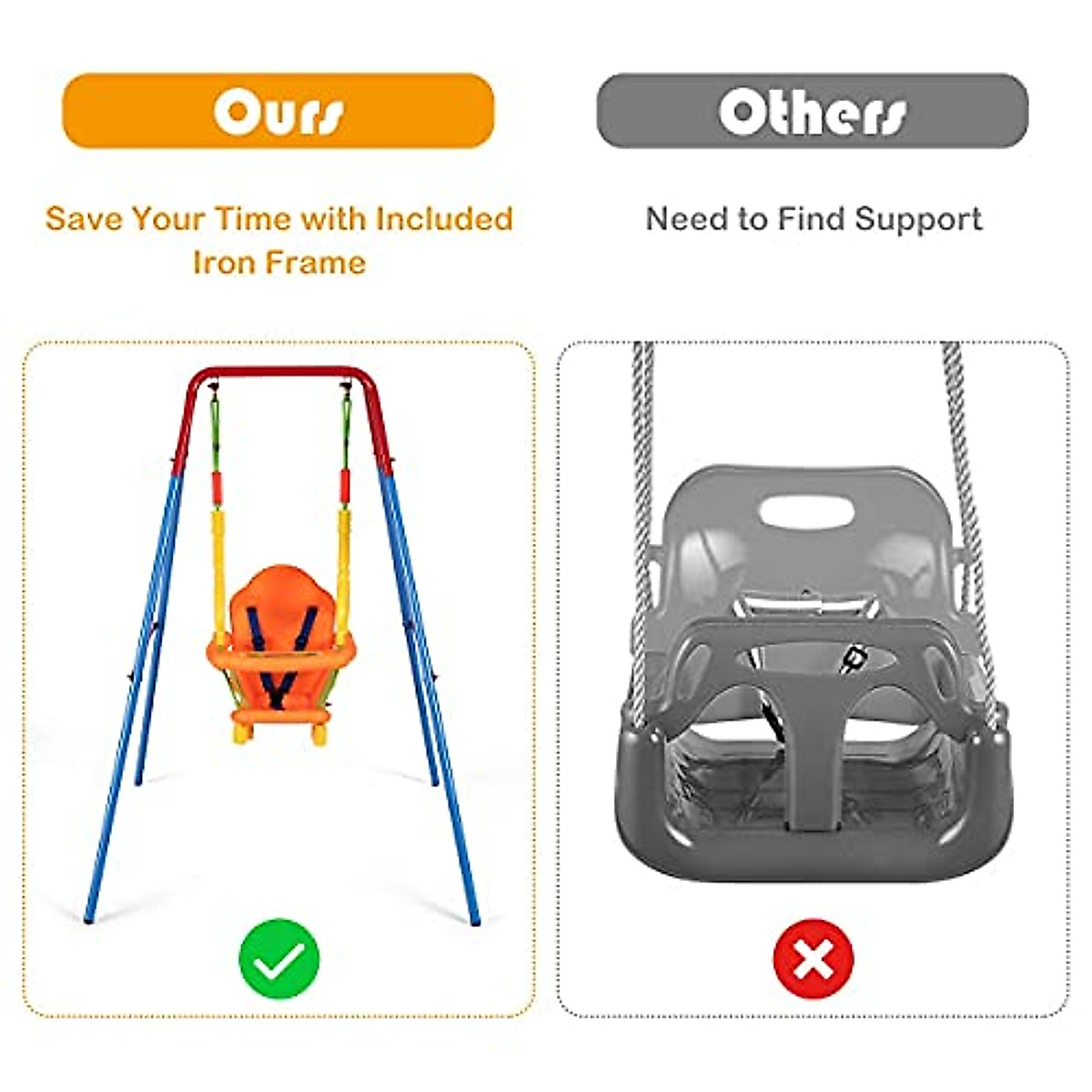 Costzon Toddler Swing Set, Outdoor A-Frame Swing for Backyard with Safety Harness and Handrails, Swing Stand Frame with Anti-Rust Frame for Outdoor Garden Backyard Kindergarten (Swing with Handrails)