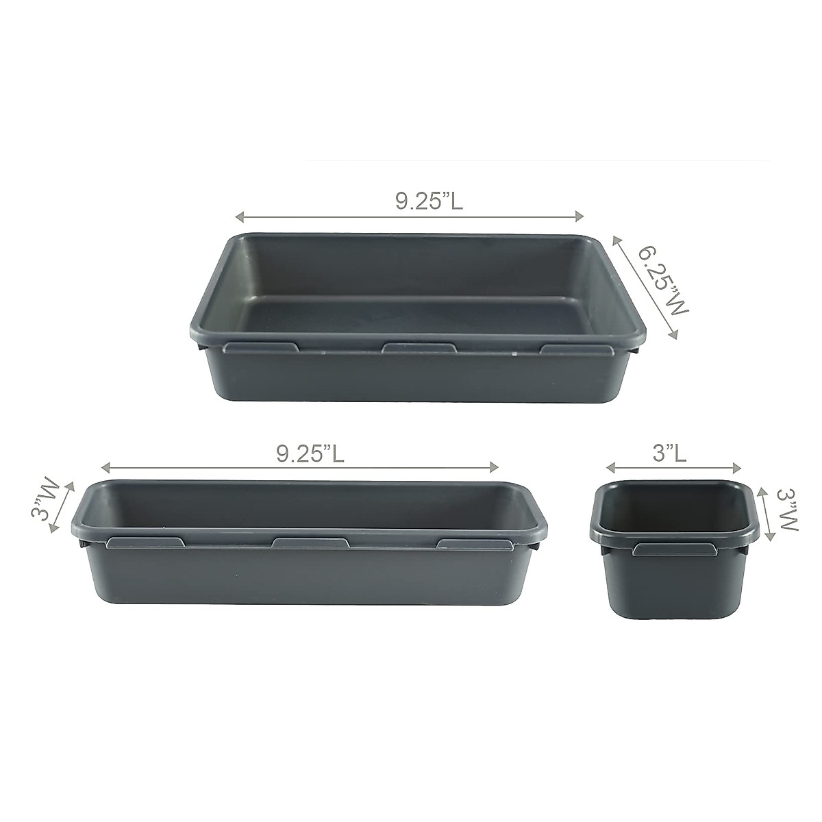 HOME-X Connecting Organizer Trays, Set of Interlocking Adjustable Trays for Organizing Office Supplies and Kitchen Utensil Drawers, Set of 8, 3 Sizes, Gray