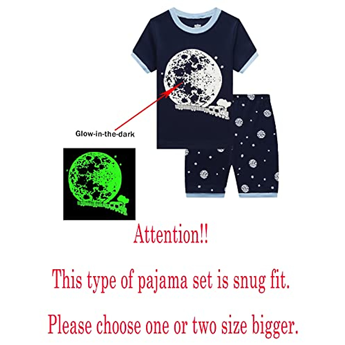 Family Feeling Glow in the Dark Moon Train Big Boys Shorts Set Summer Pajamas 100% Cotton Pjs Kid Blue Size 8