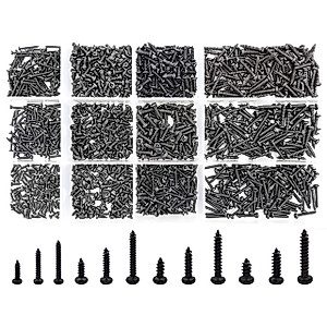 LBY 1000pcs M1.4 M1.7 M2 M2.3 Round Pan Head Self-Tapping Sheetmetal Screw Assortment Kit Round Head Self-Tapping Electronic Mini Wood Screws 10 Sizes Combination Metal Black