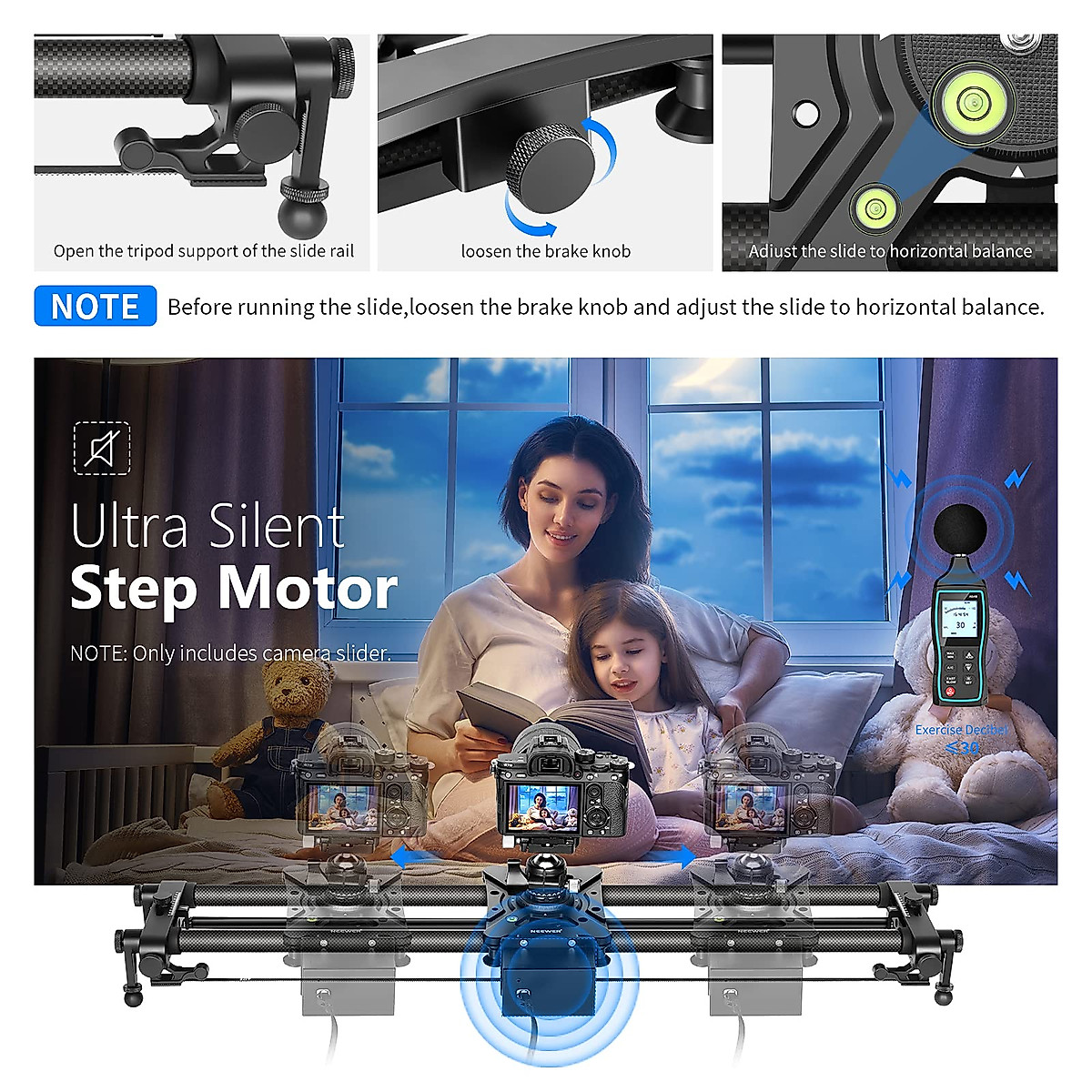 NEEWER Motorized Camera Slider, 31.5"/80cm Carbon Fiber Dolly Rail Slider with Remote Control, Support Video Mode, Time Lapse Photography, Horizontal, Tracking and 120° Panoramic Shooting (VS-80CC)