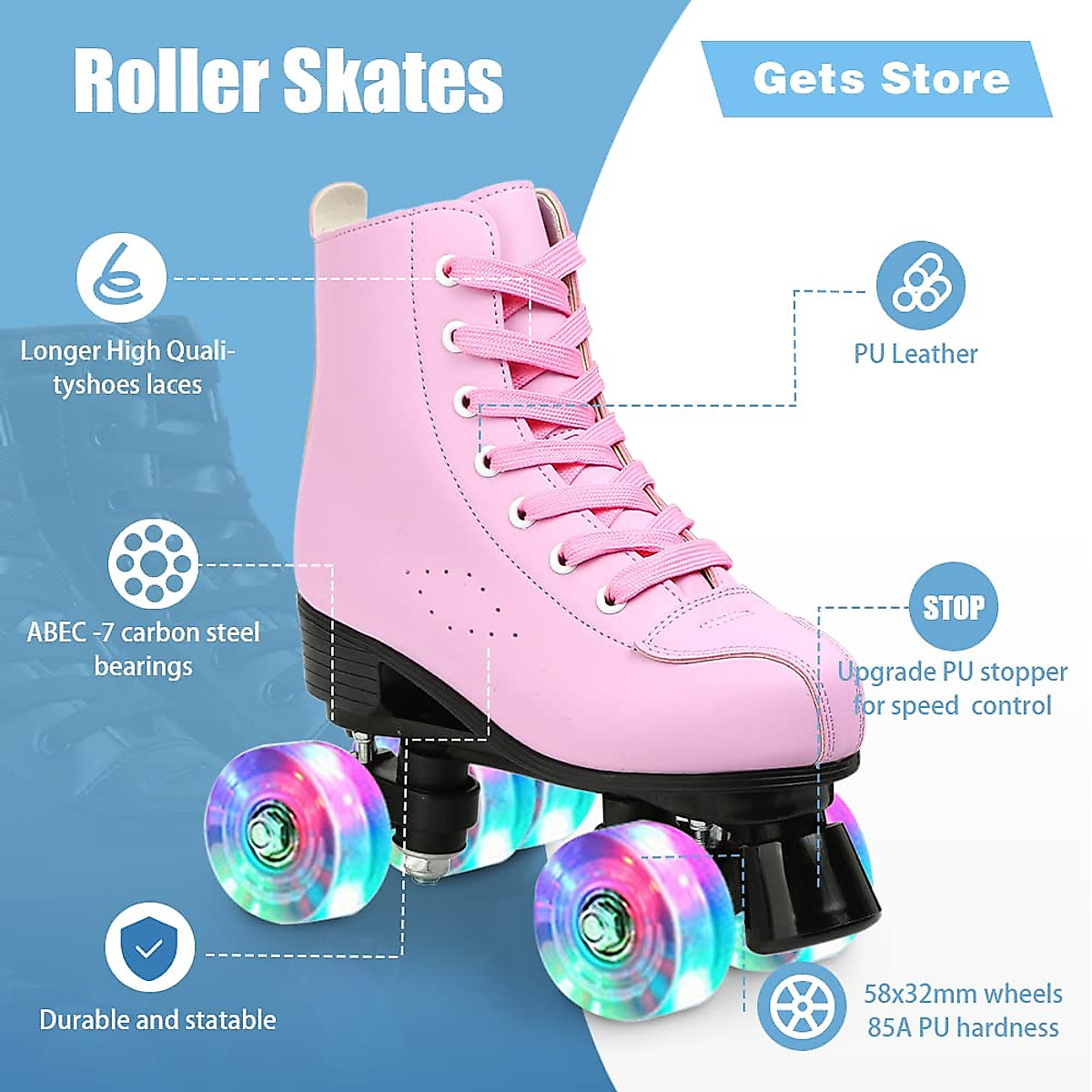 Women's Roller Skates PU Leather High-top Roller Skates Four-Wheel Roller Skates Double Row Shiny Roller Skates for Indoor Outdoor (Pink Flash,39-US: 7.5)