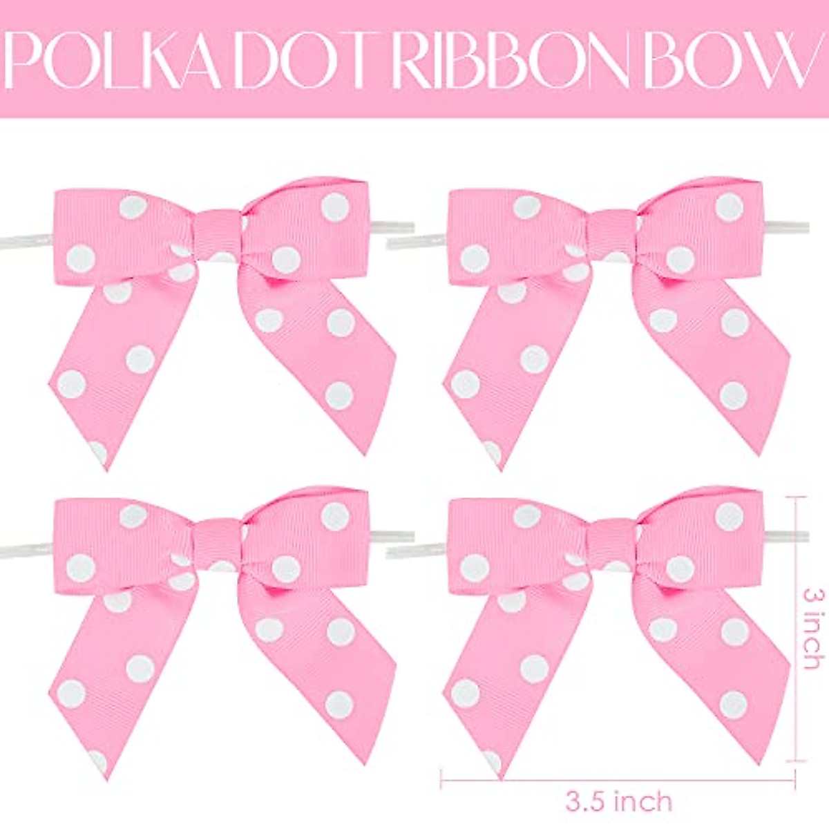 AIMUDI Baby Pink Polka Dot Ribbon Twist Tie Bows 3.5" Premade Dotted Grosgrain Ribbon Bows Pretied Bows for Treat Bags, Crafts, Gift Wrapping, Party Favors, Baby Shower, Cellophane Bag - 12 Counts