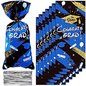 100 Pieces Graduation Cellophane Treat Bags, Congrats Graduates Candy Present Bags Plastic Clear Goodie Wrapping Bags with 100 Silver Twist Ties for Graduation Day (Blue)