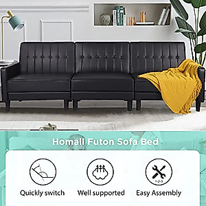 VUYUYU 107/'' Futon Sofa Couch Bed, Faux Leather 3-Seater Couches for Living Room, Mid-Century Modern Tufted Convertible Recliner Sleeper Small Space with Armrest/Side Pockets, Black-3 Seater