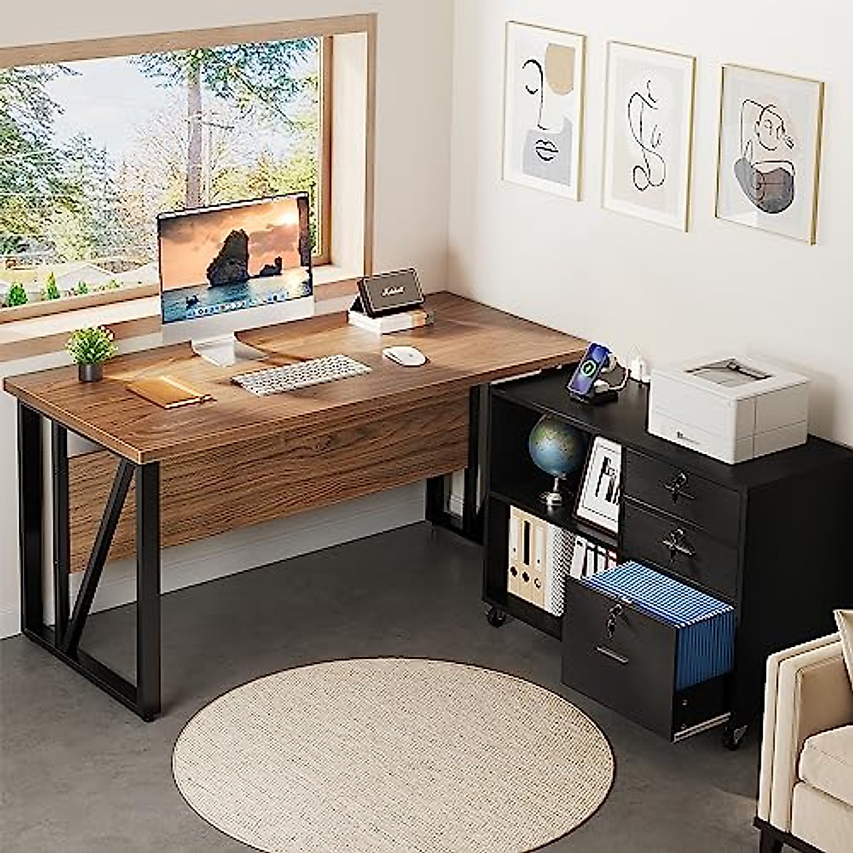 YITAHOME 55" Executive Desk and Lateral File Cabinet, 3 Drawers File Cabinet with Charging Station, L Shaped Desk Computer Desk Home Office Furniture Sets with Drawers & Storage Shelves, Walnut+Black