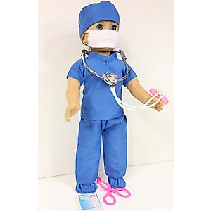 7 Piece Nurse, Doctor, Scrubs Doll Clothes Mask Medical Kit fits 18 Inch American Girl Doll Blue