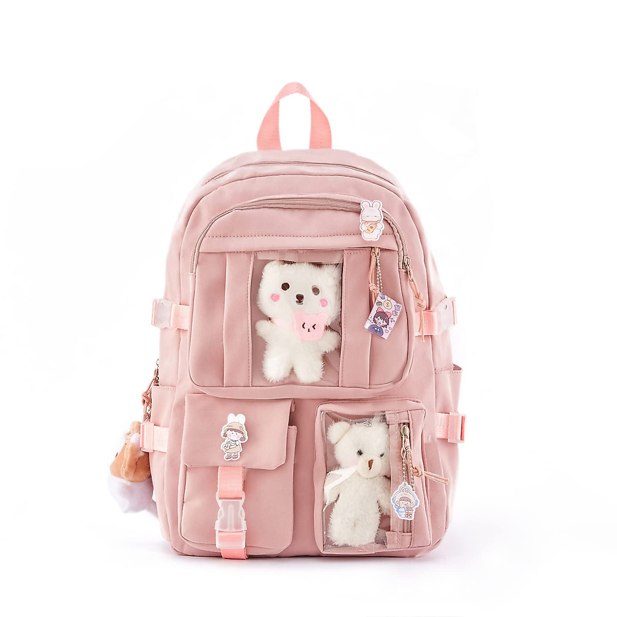 BUNXIZHUN Kawaii Backpack, 20L, Pink, Adjustable, for School Girls & Women with Kawaii Pin & Accessories