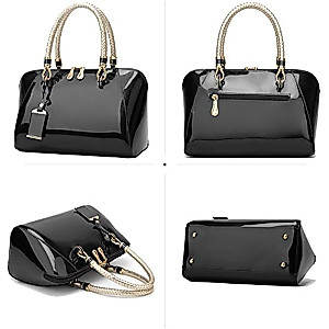 XingChen Shiny Patent Women Faux Leather Handbags Crossbody Bag Top Handle Purse Satchel Bag Shoulder Bag(Black)