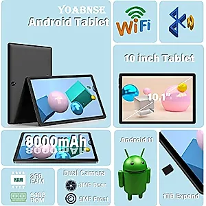 Android Tablet 10 inch, Android 11.0 Tablet, 2GB RAM 64GB ROM, 1TB Expand Android Tablet with Dual Camera, WiFi, Bluetooth, 8000mAh, HD Touch Screen, Google GMS Certified…