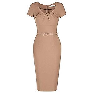 MUXXN Lady Formal Pleated Neckline Slim Sheath Bodycon Prom Vintage Tea Dress (Camel XL)