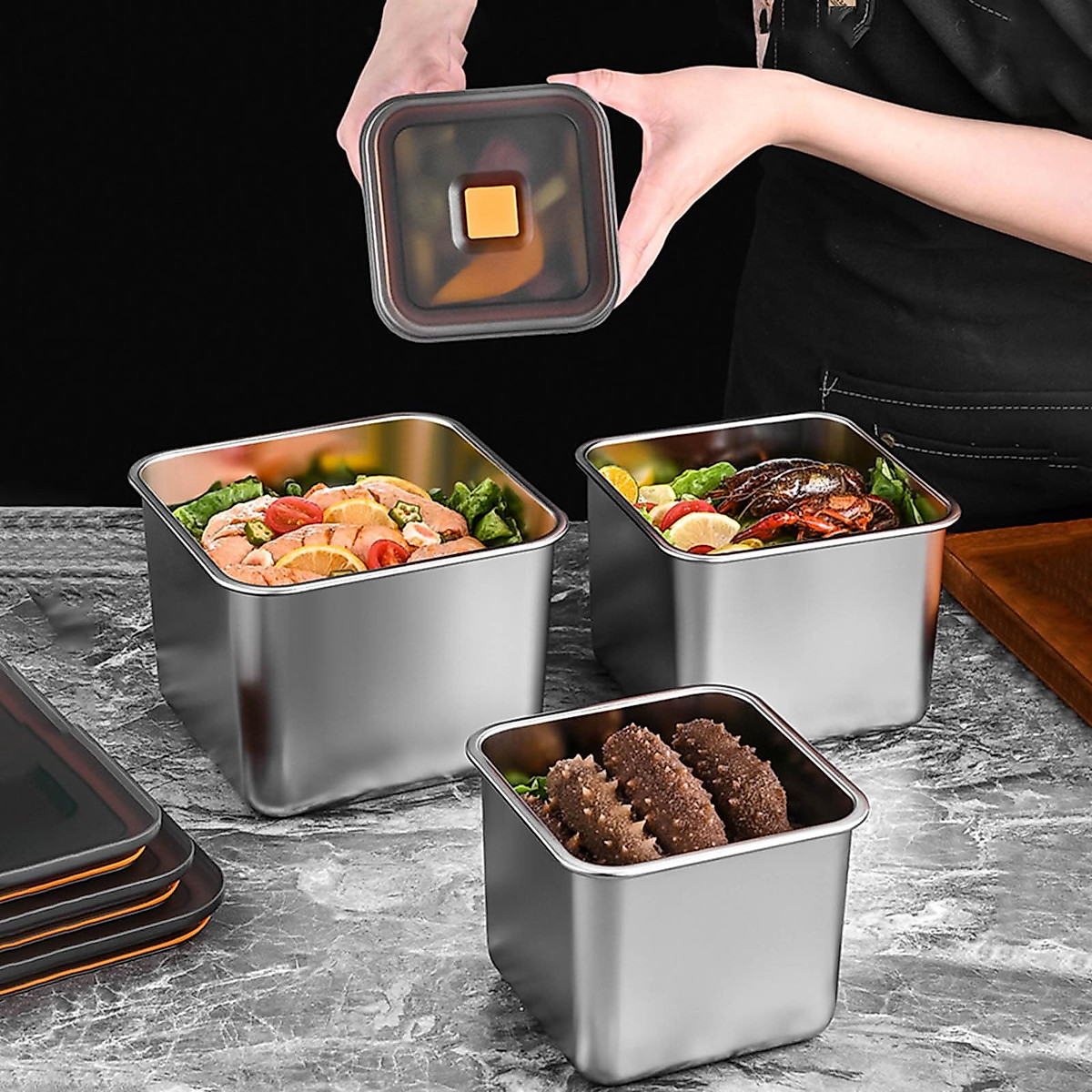Stainless Steel Food Storage Containers with Lid, Food Lunch Box Containers Leak-proof Light Easy Set with Air Vent Snack Boxes Airtight Lunch Containers (65oz)