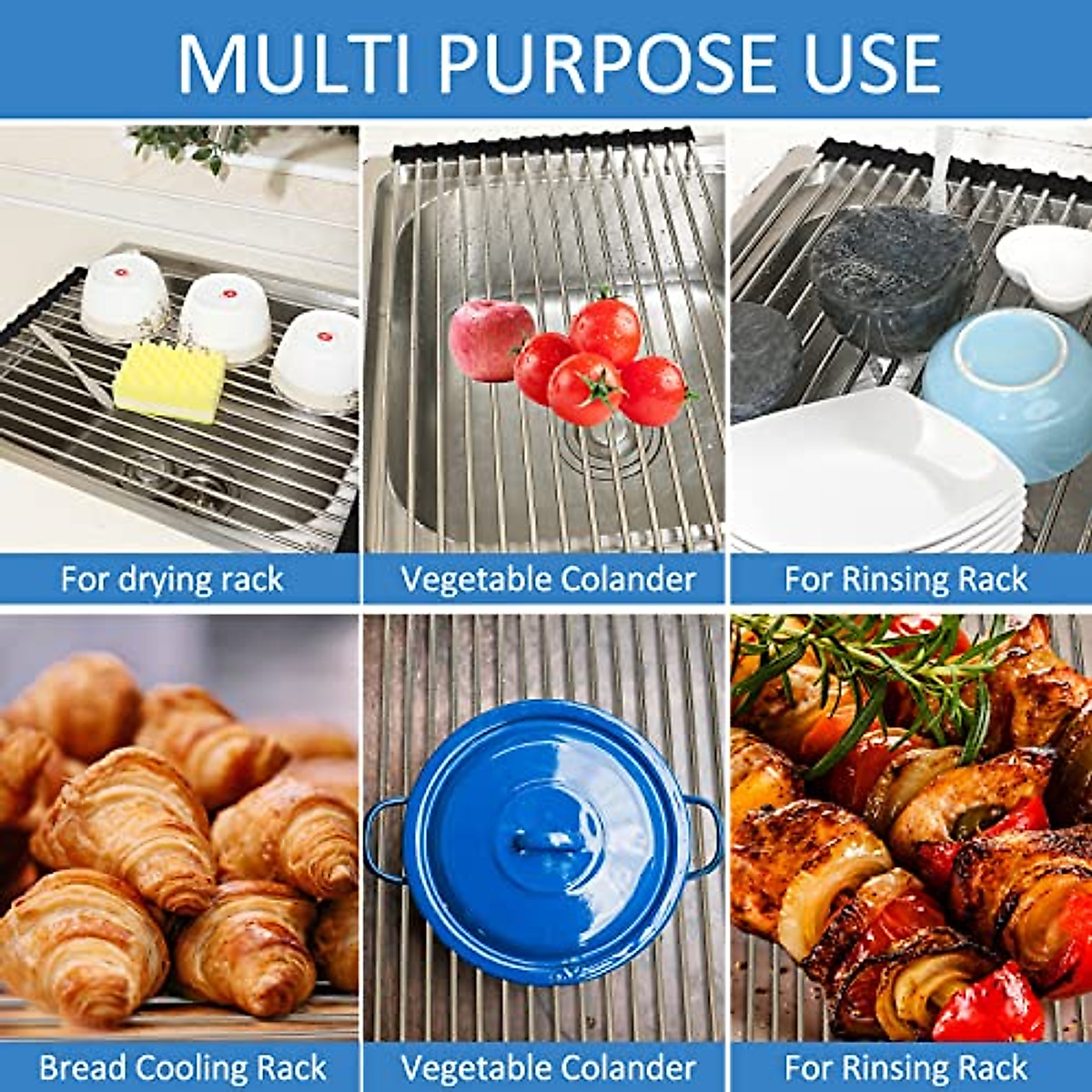 Ahyuan Roll up Dish Drying Rack Over The Sink Kitchen Roll up Sink Drying Rack Portable Dish Drainer Foldable Dish Drying Rack (Stainless Steel 17.7''X11.8'', Black)