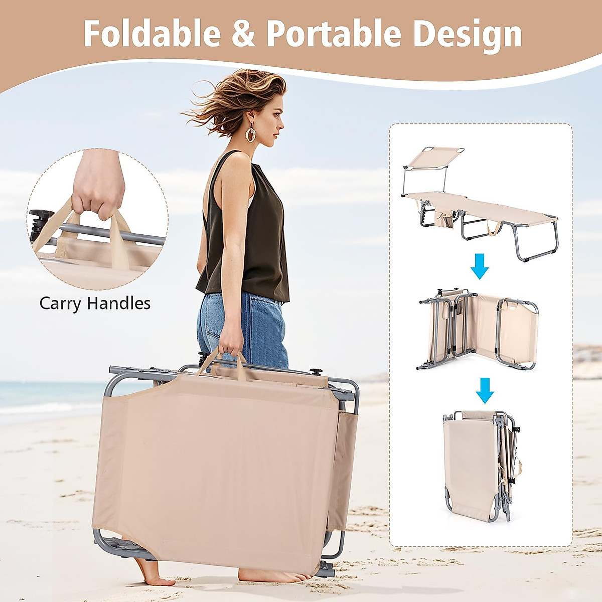 Goplus Tanning Chair, Foldable Beach Lounge Chair with 360°Canopy Sun Shade, Side Pocket, 5-Position Adjustable Outdoor Chaise Lounge Chair for Patio Pool Yard Lawn (1, Beige)