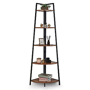 CAPHAUS Tall Corner Shelf Stand, 5-Tier Display Shelves, Ladder Corner Wood Storage Plant Bookshelf with Metal Frame, Versatile Shelving Unit Bookcase for Home Office Space, Rustic Oak