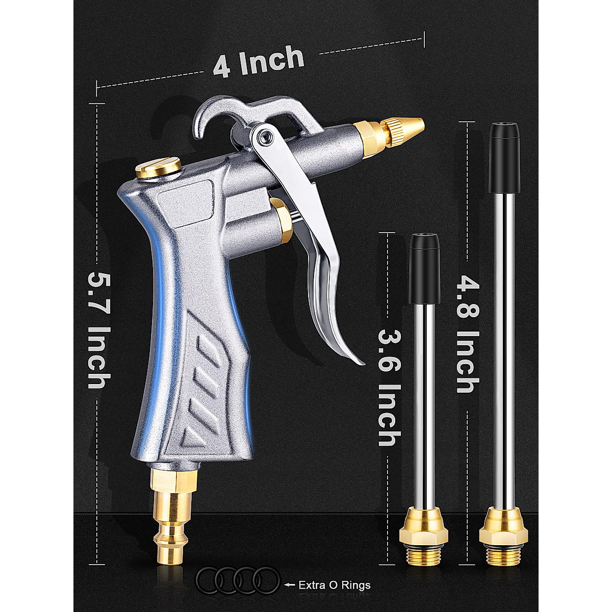 JASTIND Air Blow Gun with Adjustable Brass Air Nozzle, 2 Pcs Steel Extensions and 13.7 Inch Flexible Flow Hose, High Volume Air Gun Blower for Air Compressor Accessories Pneumatic Tool Dust Clean
