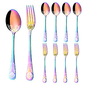 24-Piece Rainbow Spoons and Forks Silverware Set for 12, LaienLife Unique Stainless Steel Flatware Set of Forks Spoons, Modern Utensils Cutlery Service for Home Kitchen Restaurant, Mirror Polished