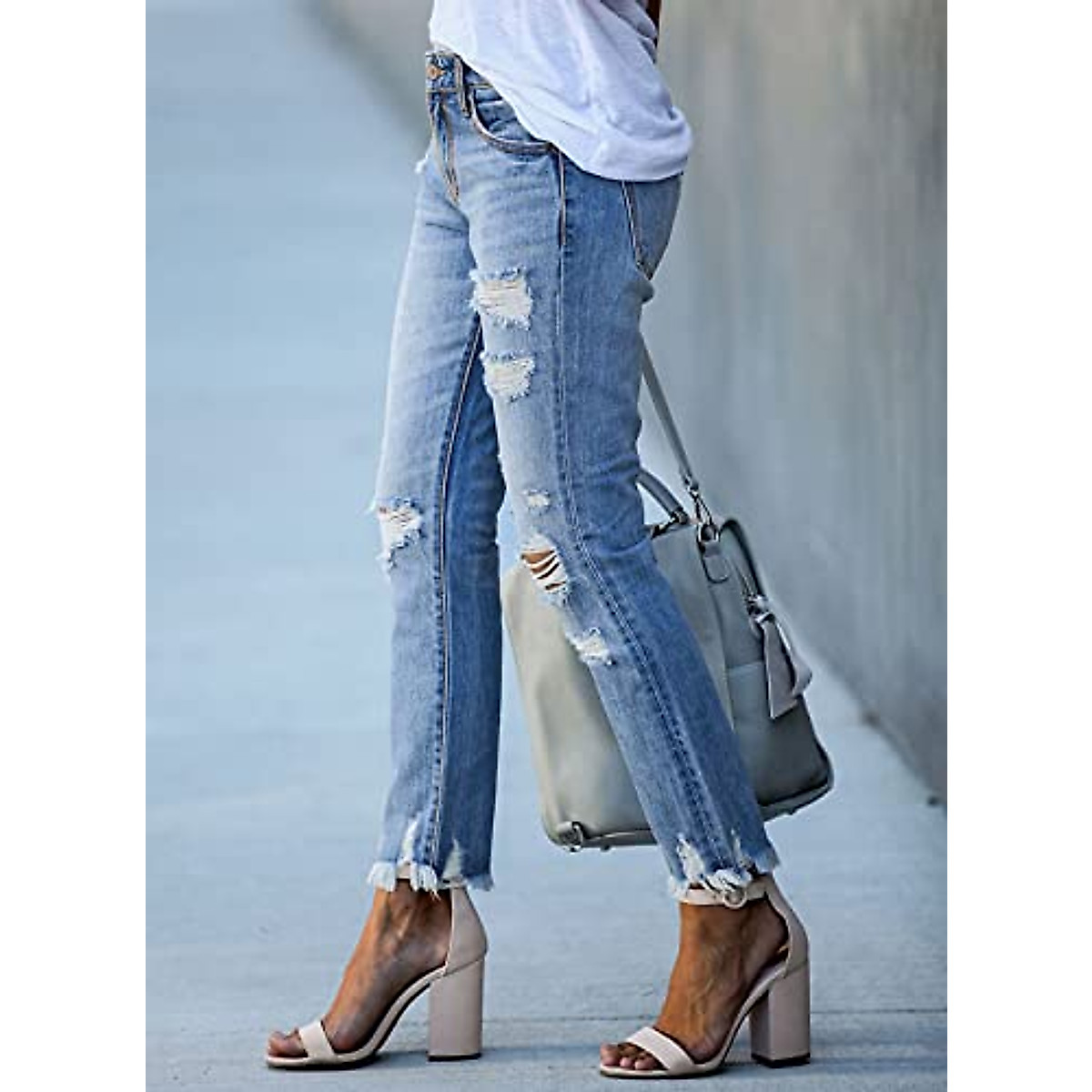 Sidefeel Women Distressed Raw Hem Washed Jeans Ripped Slim Fit Denim Pants Medium Sky Blue