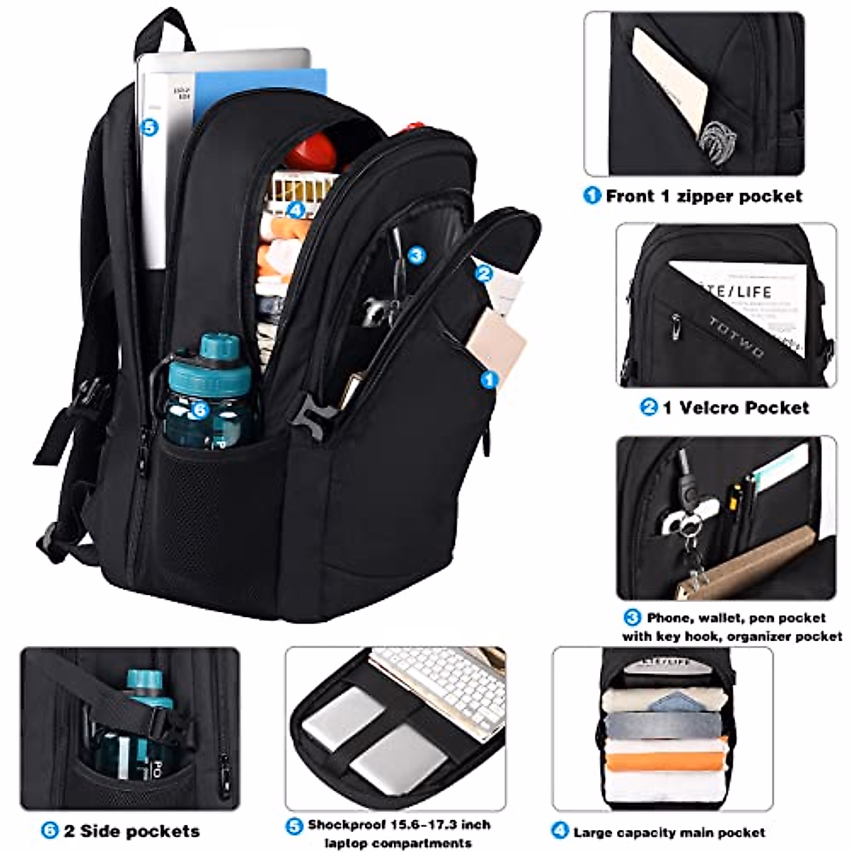 Travel Laptop Backpack, Business Laptop Backpack, College Backpack Anti Theft Durable with USB Charging Port, Water Resistant Work Computer Bag Fits 15.6 Inch Notebook, Gifts for Men, Black