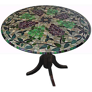 Mosaic Table Cloth Round 36 Inch To 48 Inch Elastic Edge Fitted Vinyl Table Cover Vineyard Stained Glass Pattern Brown Purple Green