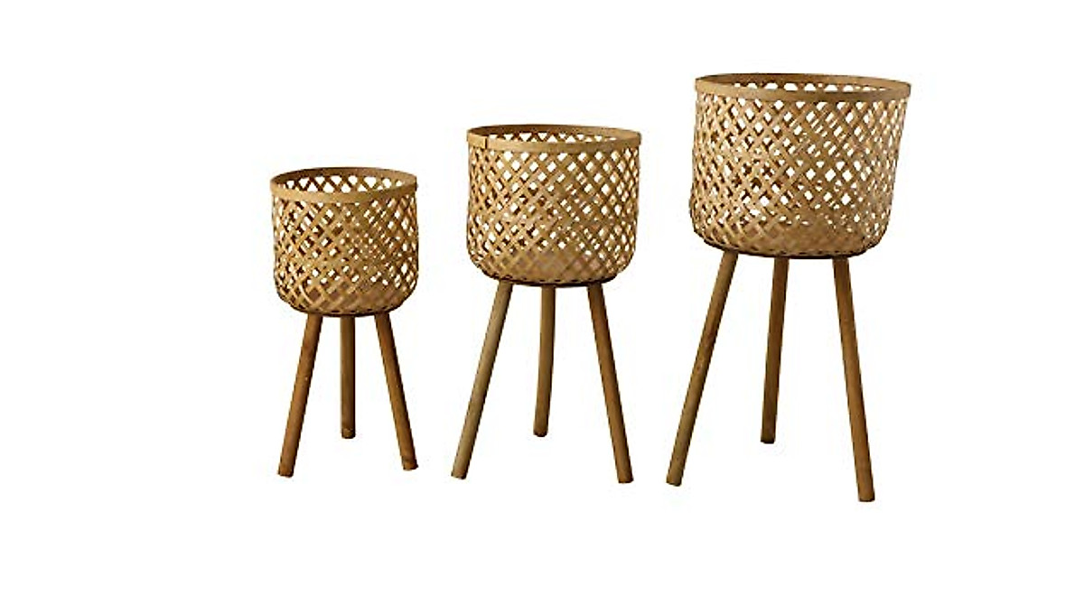 Creative Co-Op Woven Bamboo Floor Baskets with Wood Legs - Set of 3