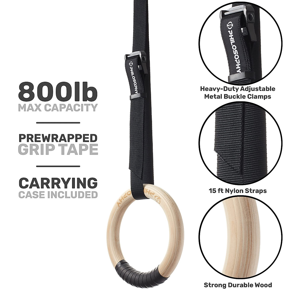 Philosophy Gym Wood Gymnastic Rings 1.25" Grip - Exercise Ring Set with Adjustable Straps, Grip Tape for Pull Ups, Dips, Muscle Ups