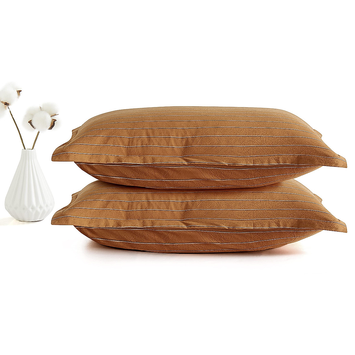 Get Bed Ready Striped Yarn Dyed Washed Cotton Chambray Duvet Quilt Cover Bedding Set, Minimal Geometric Textured Pinstriped Pattern Stonewashed Moss Maple Ocher (Copper, Twin)