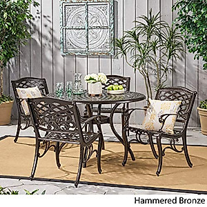 Christopher Knight Home Hallandale Outdoor Cast Aluminum Dining Set for Patio or Deck, 5-Pcs Set, Hammered Bronze