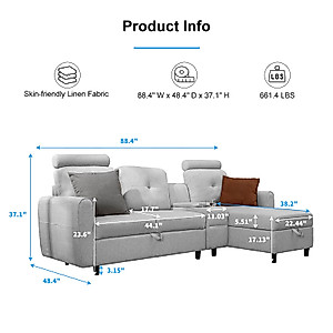 PUREMIND L Shaped Sofa for Living Room, Convertible Sectional Couch with Reversible Storage Chaise, Linen 3 Seater Lounge Sofa with Neck Pillows, L- Shape Sectional Sofa for Apartment
