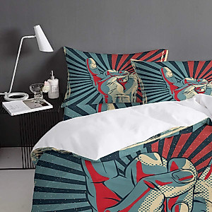 Home Bedding Set 4 Piece Duvet Cover Set Queen Size Music Rock N Roll Gesture Love Soft Bed Sheets, Duvet Cover, Flat Sheet and Pillow Covers for Children/Adults/Teen