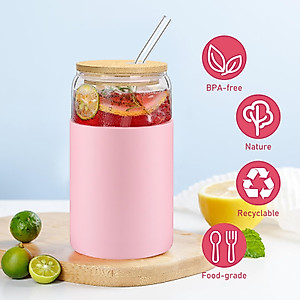 sungwoo Glass Cups with Bamboo Lids and Straws, 16OZ Ice Coffee Cup with Silicone Sleeve, Drinking Cup set with Wooden Lids, Home Essential Glass Tumblers for Beer, Cocktail, Tea and Latte 4 Pack