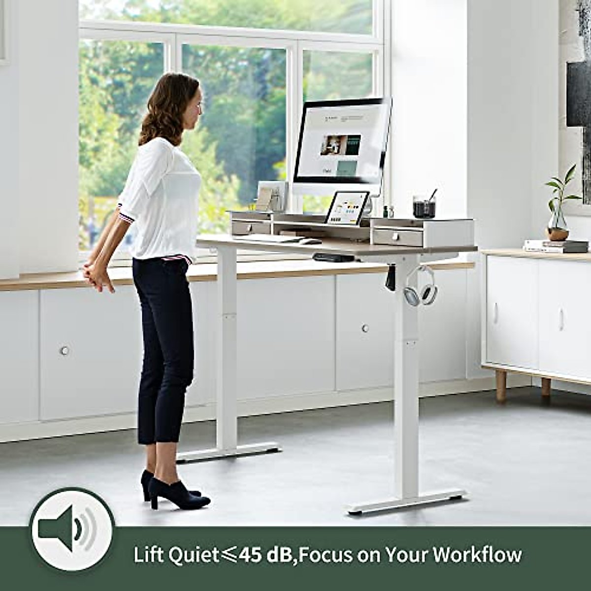 FEZIBO Electric Standing Desk with Glass Top Monitor Stand,55 x 26 Inch Adjustable Sit Stand Up Table with Double Drawer, Sit Stand Desk with Storage Shelf, White Frame/Light Walnut Top
