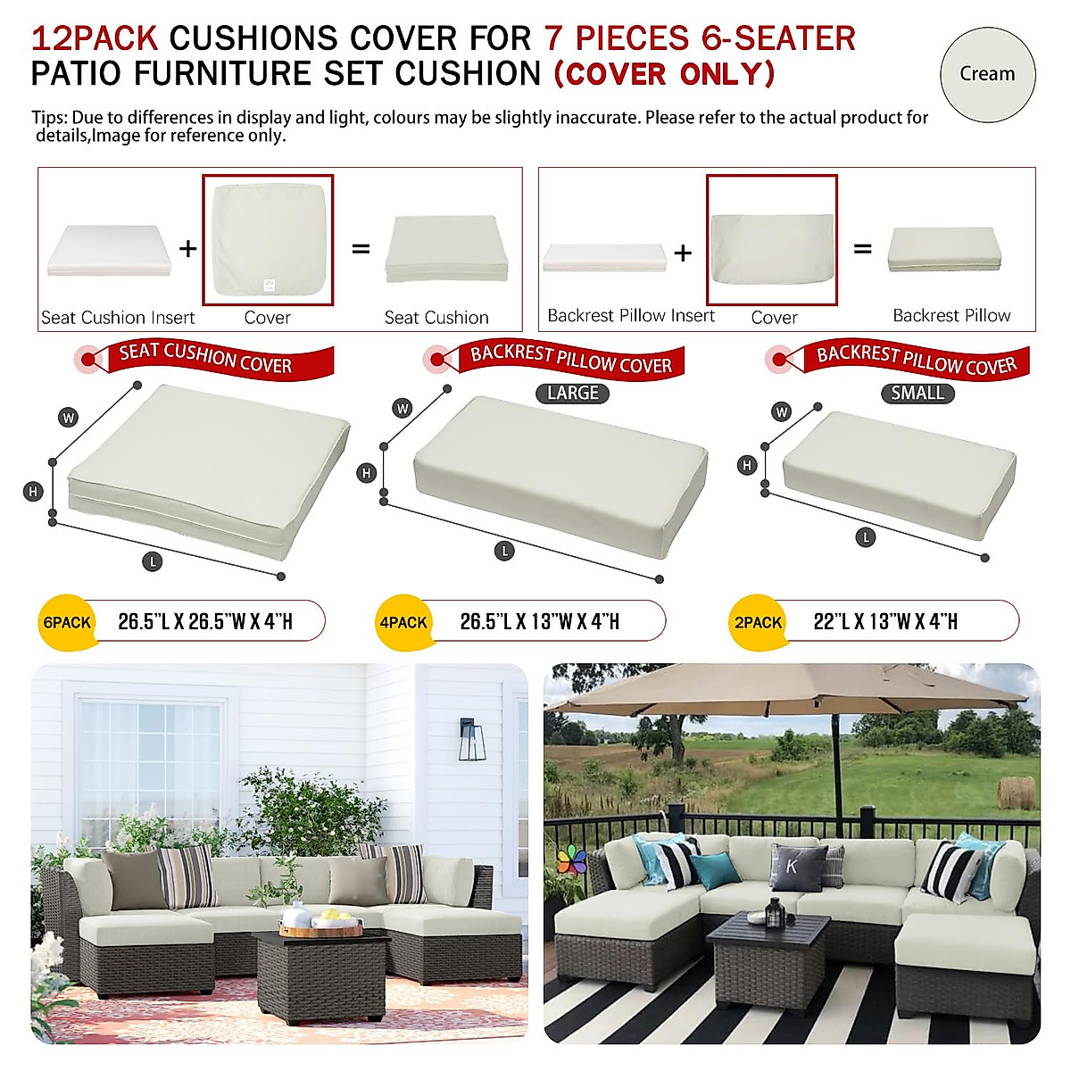 ClawsCover 12 Pack Outdoor Patio Seat and Back Cushions Replacement Covers Fit for 7Pieces 6-Seater Wicker Rattan Furniture Conversation Set Sectional Couch Chair,Cream-Include Cover Only