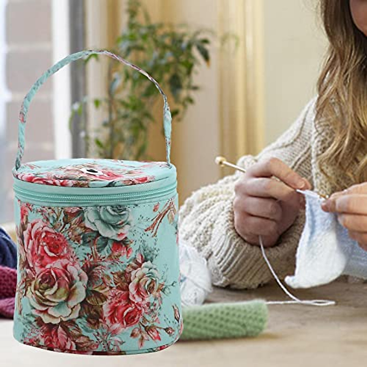 MagiDeal Yarn Storage Bag with Handle, Polyester Holder Case, Gift Tote Zipper Closure Crocheting Knitting Supplies Crochet Bag for Knitting Lovers, Flower