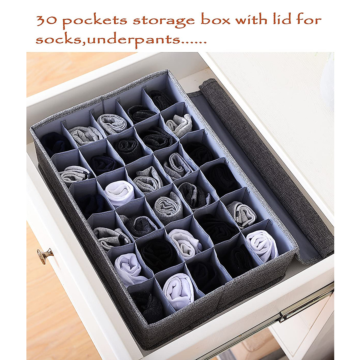 MURRI&MURRDI 2 Packs Sock and Underwear Storage for Closet with Lids,30 Cells Drawer Divider,Linen Cotton Sock Organizer,Foldable Closet Storage Box Bin for Socks, Lingerie, Ties,Scarves (2 Grey)