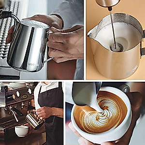 HOOMIL Milk Frothing Pitcher, 12oz/350ml Stainless Steel Steaming Pitcher Barista Milk Frother Cup Jug for Espresso Machine Coffee Cappuccino Latte Art - Silver