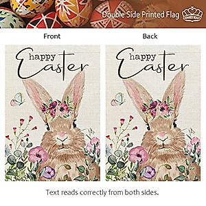 CROWNED BEAUTY Happy Easter Bunny Garden Flag Floral 12X18 Inch Small Double Sided for Outside Burlap Yard Holiday Decoration CF761-12