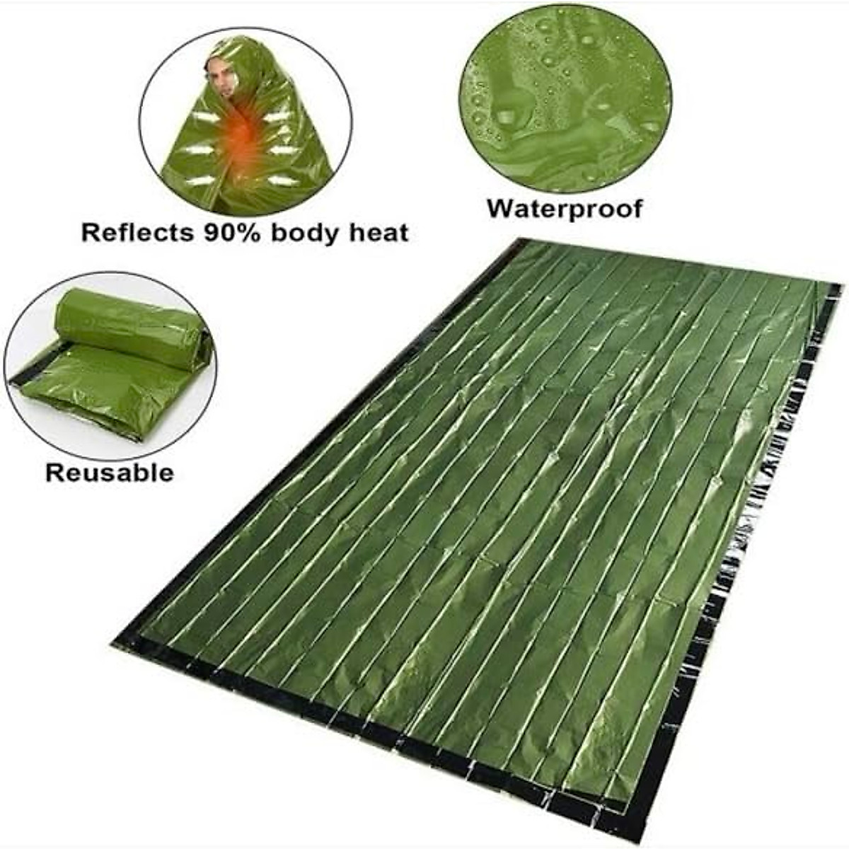 Emergency/Survival Bivvy Bag - Mylar Sleeping Bag, Survival shelter, Reflects 90% Body Heat, Hiking, Camping, Outdoors, Fishing, Hunting, overlanding, Scouts, Ripstop Carry Bag w/Whistle (Green)