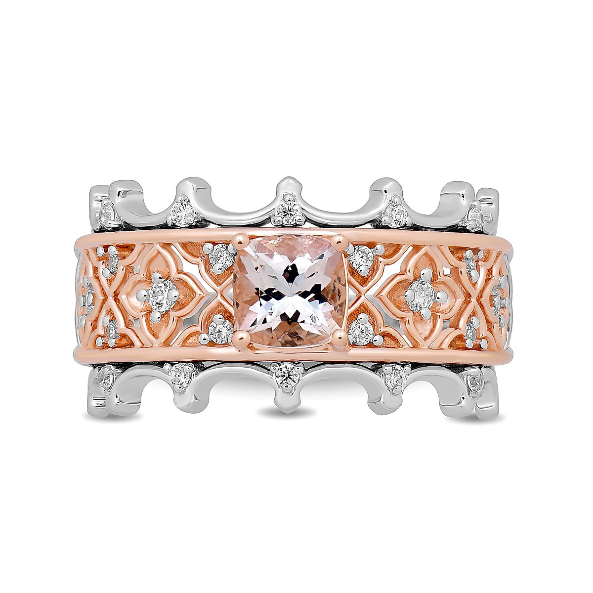 Jewelili Enchanted Disney Fine Jewelry Sterling Silver and 10K Rose Gold 5x5 MM Cushion Cut Morganite and 1/5 Cttw Natural White Round Diamond Aurora Ring, Size 8