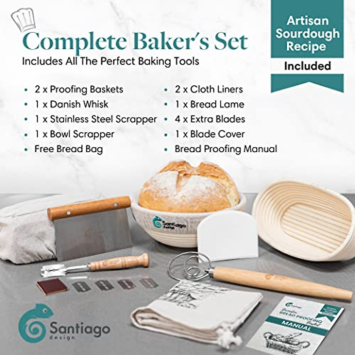 Santiago Design® | Banneton Bread Proofing Basket Set of 2 | Round 9" & Oval 10" | Premium Sourdough Bread Baking Supplies - Sourdough Proofing Basket | Bread Making Tools Supplies, Gift for Bakers