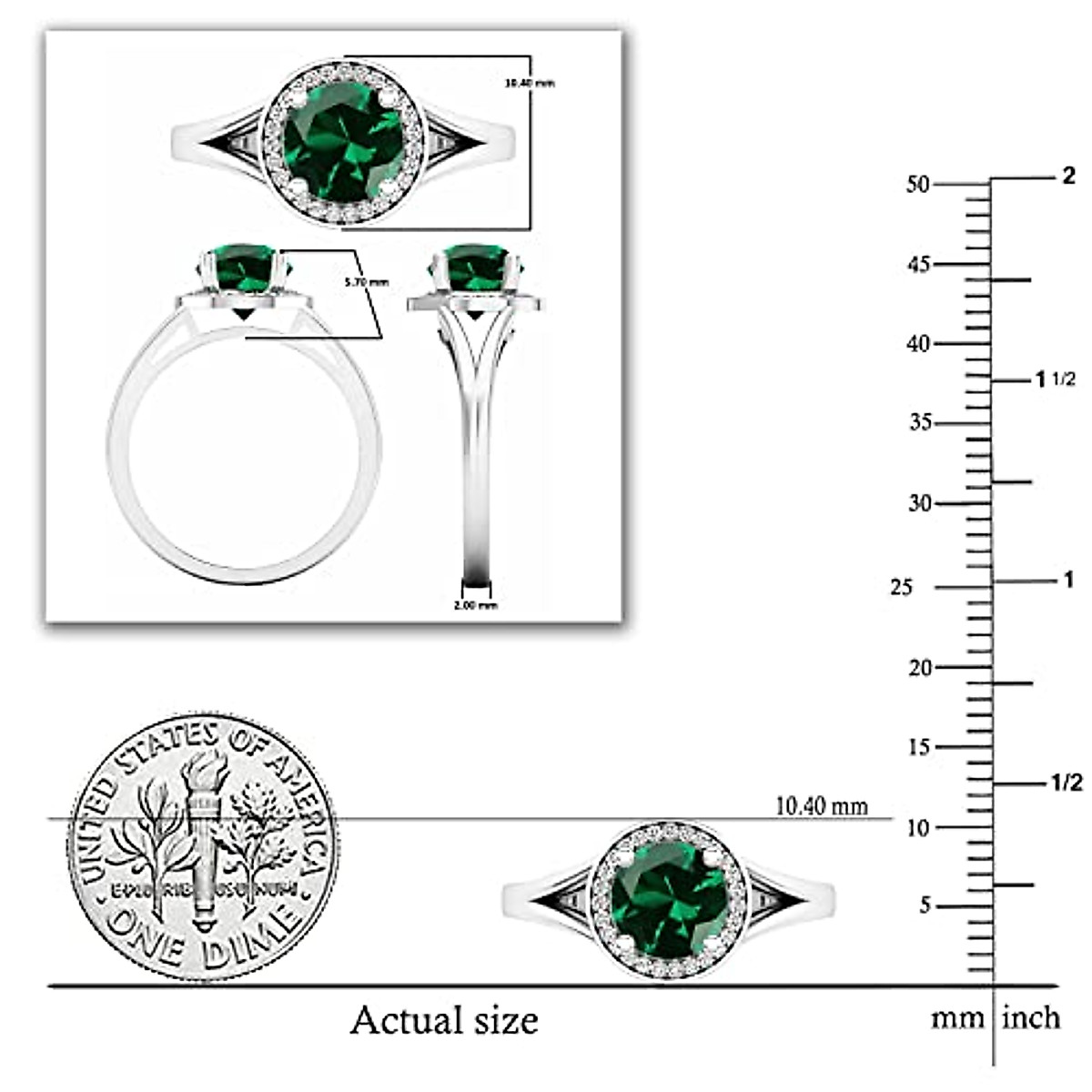 Dazzlingrock Collection 7 MM Round Lab Created Emerald With 0.10 CT Natural White Diamond Halo Split Shank Engagement Ring, 18K White Gold, Size 7