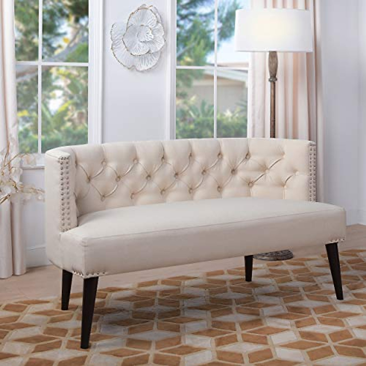 Jennifer Taylor Home Celine Tufted Settee Nailhead Accents, Sky Neutral Beige Polyester