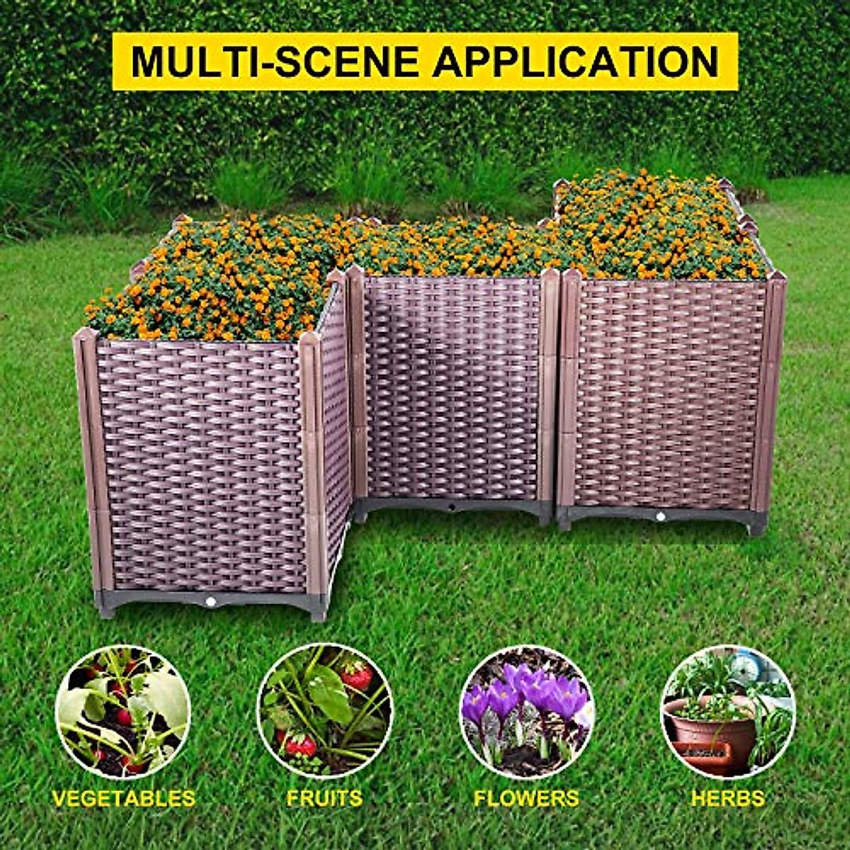 VEVOR Plastic Raised Garden Bed, 20.5" High Set of 5, Rattan Style Grow Planter Care Box Kit, Self-Watering Elevated for Herbs, Flowers, and Other Plants Indoor ot Outdoor, Brown