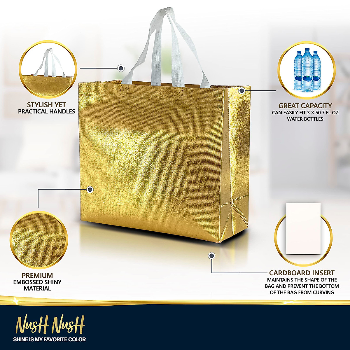 Nush Nush Gold Gift Bags Large Size – Set of 15 Reusable Gold Gift Bags With White Handles - Perfect As Christmas Gift Bags, Goodie Bags, Birthday Gift Bags, Party Favor Bags –13Wx5Dx11H